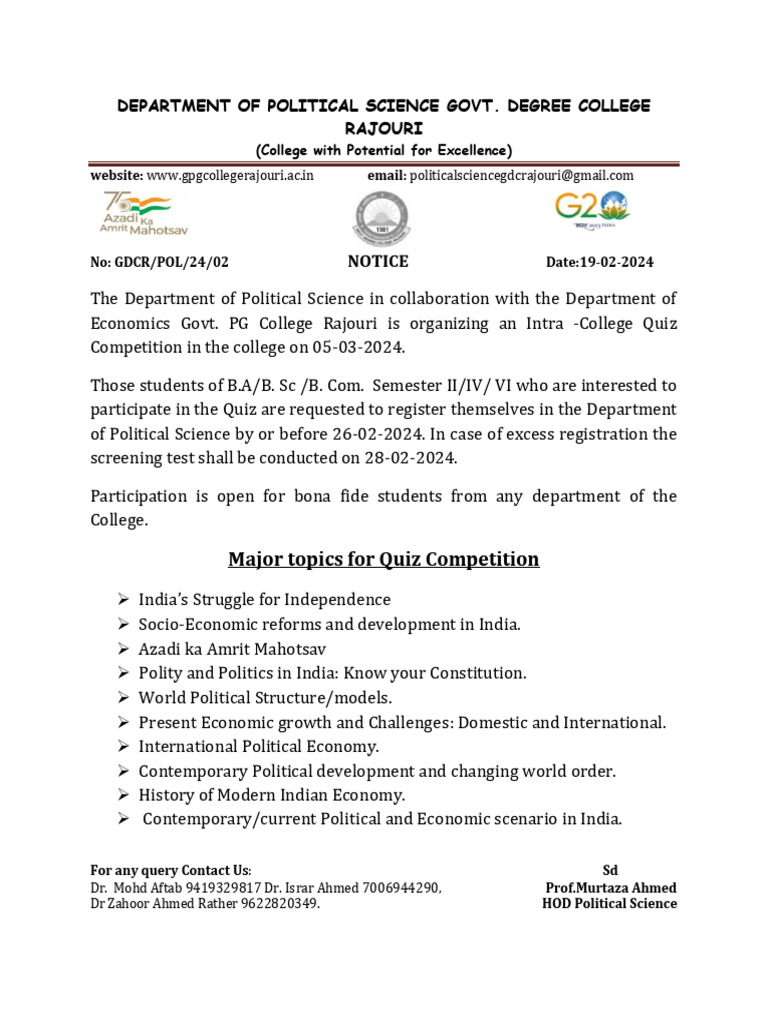 Intra-College Quiz Competition Notice | PDF