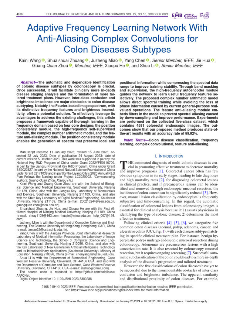 Adaptive Frequency Learning Network With Anti-Aliasing Complex Convolutions For Colon Diseases ...