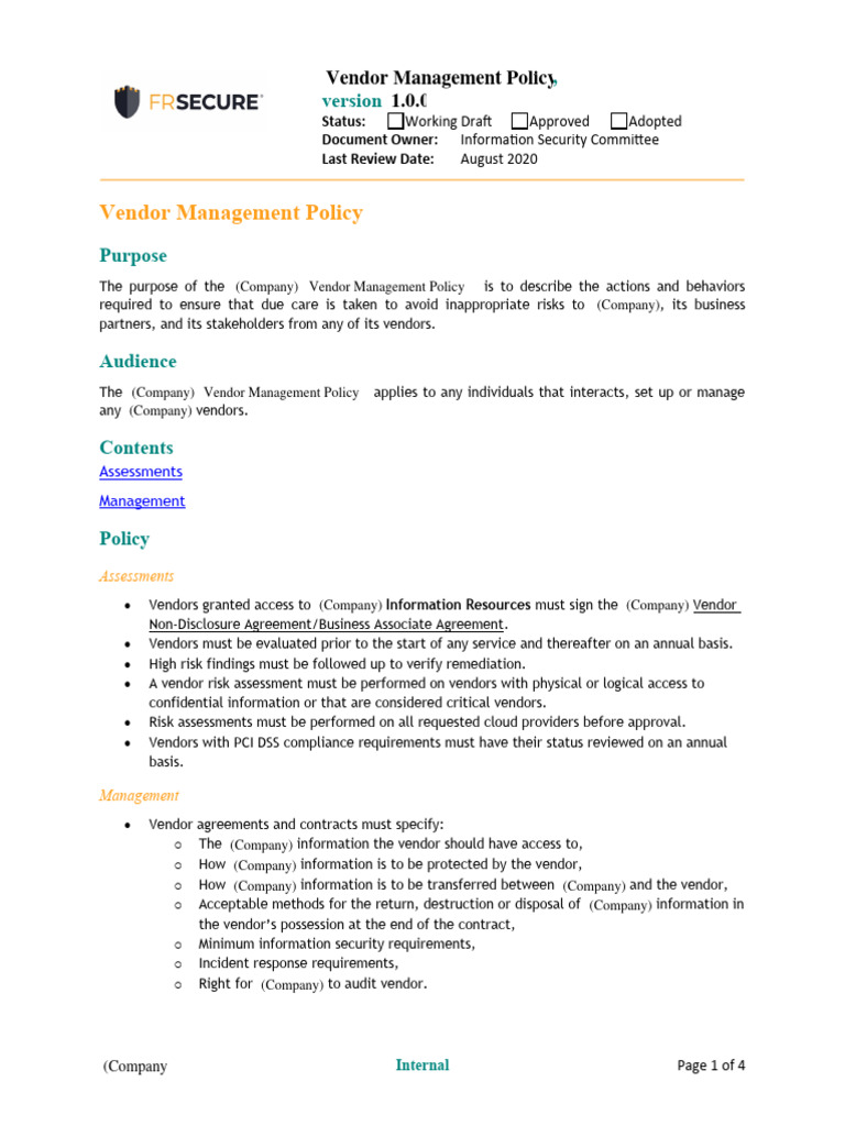 Vendor Management Policy Template | PDF | Information Security | Business