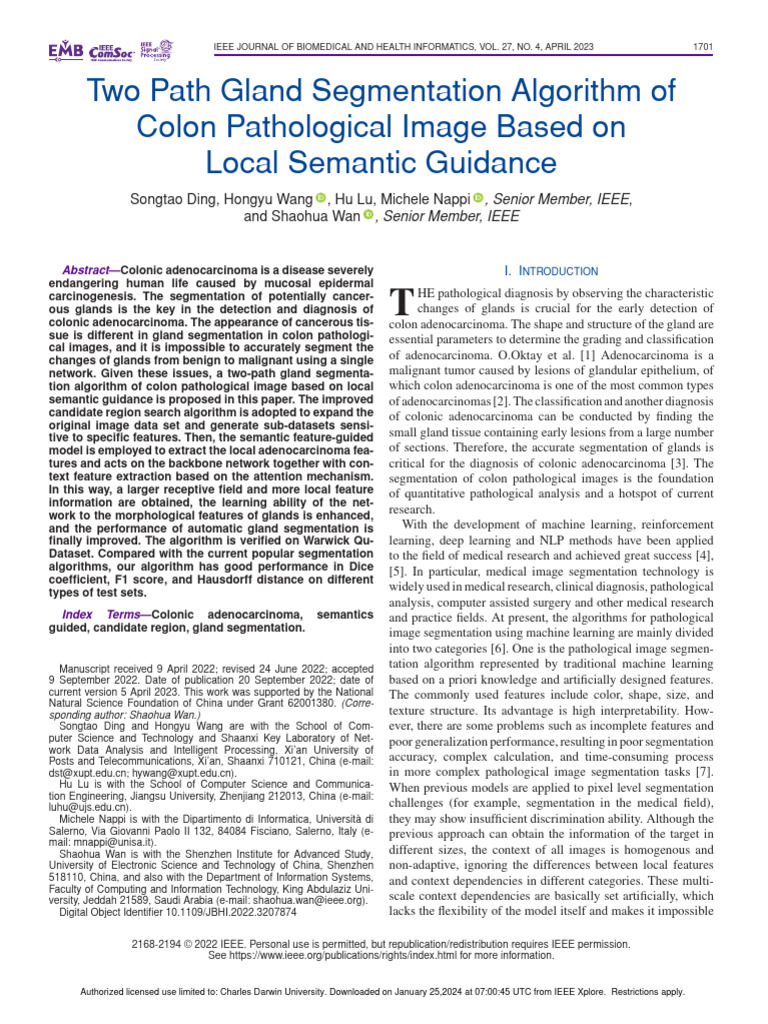 Two Path Gland Segmentation Algorithm of Colon Pathological Image Based On Local Semantic ...