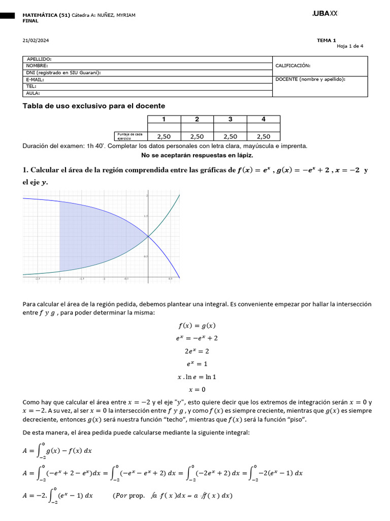 Respuestas FINAL MATEMATICA 51 TEMA 1 21-02-2024 | PDF | Integral ...