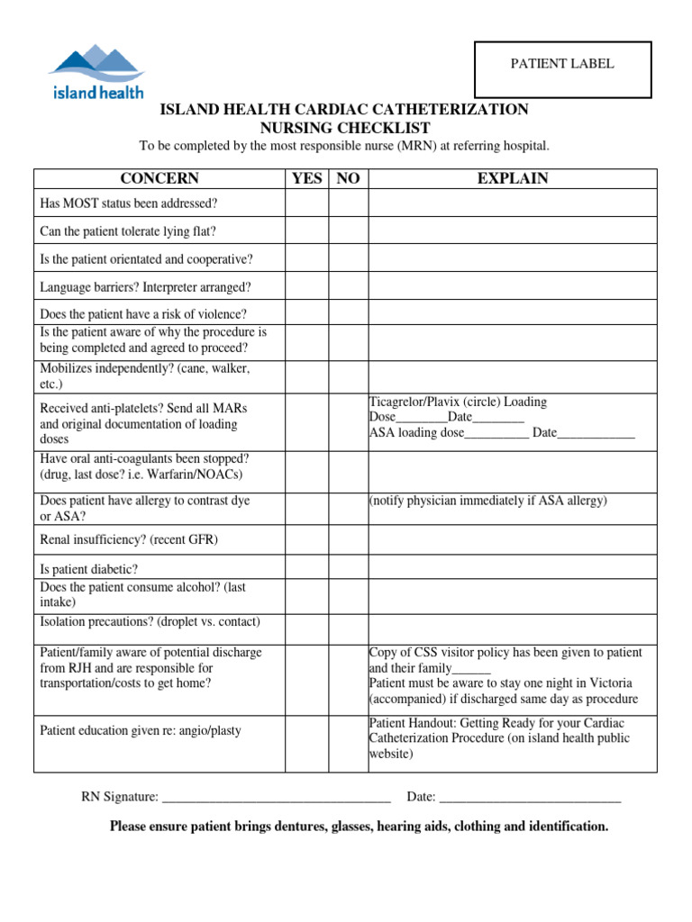 Checklist Nursing Cardiac Catheterization | PDF