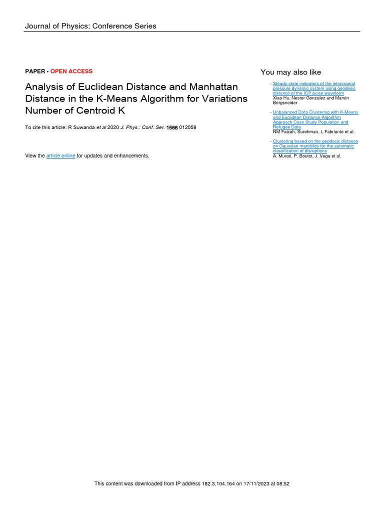 Analysis of Euclidean Distance and Manhattan | PDF | Cluster Analysis | Statistics