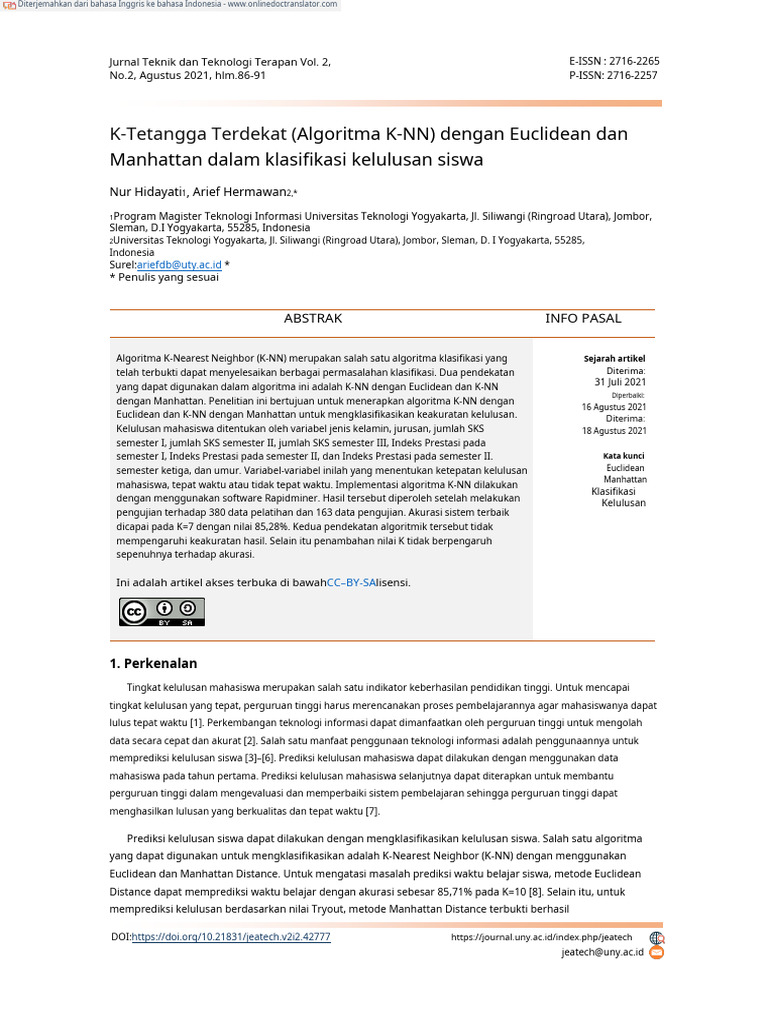 K-Nearest Neighbor (K-NN) Algorithm With Euclidean and - En.id | PDF