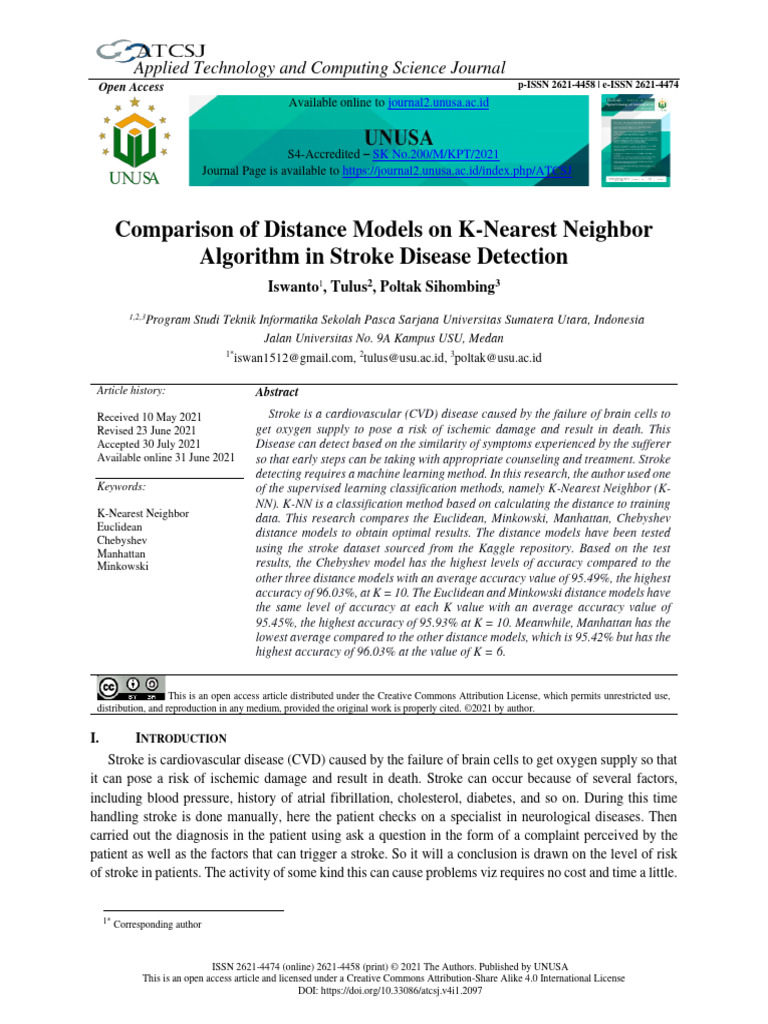 Comparison of Distance Models On K-Nearest Neighbor Algorithm in Stroke ...