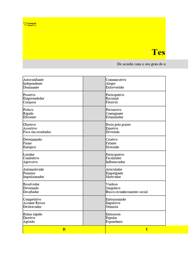 Matriz Teste Adaptado DISC - Do R Ao H - Conquer Business School | PDF