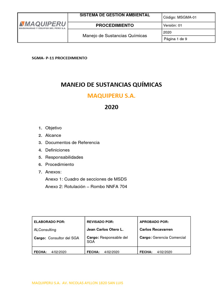 Procedimiento para El Manejo de Sustancias Químicas | PDF | Mercancías peligrosas | Materiales