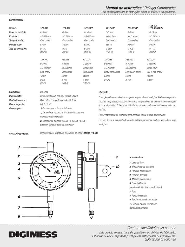 Manual Relogio Comparador 0 10 MM 001 MM 121304 Basic Digimess | PDF