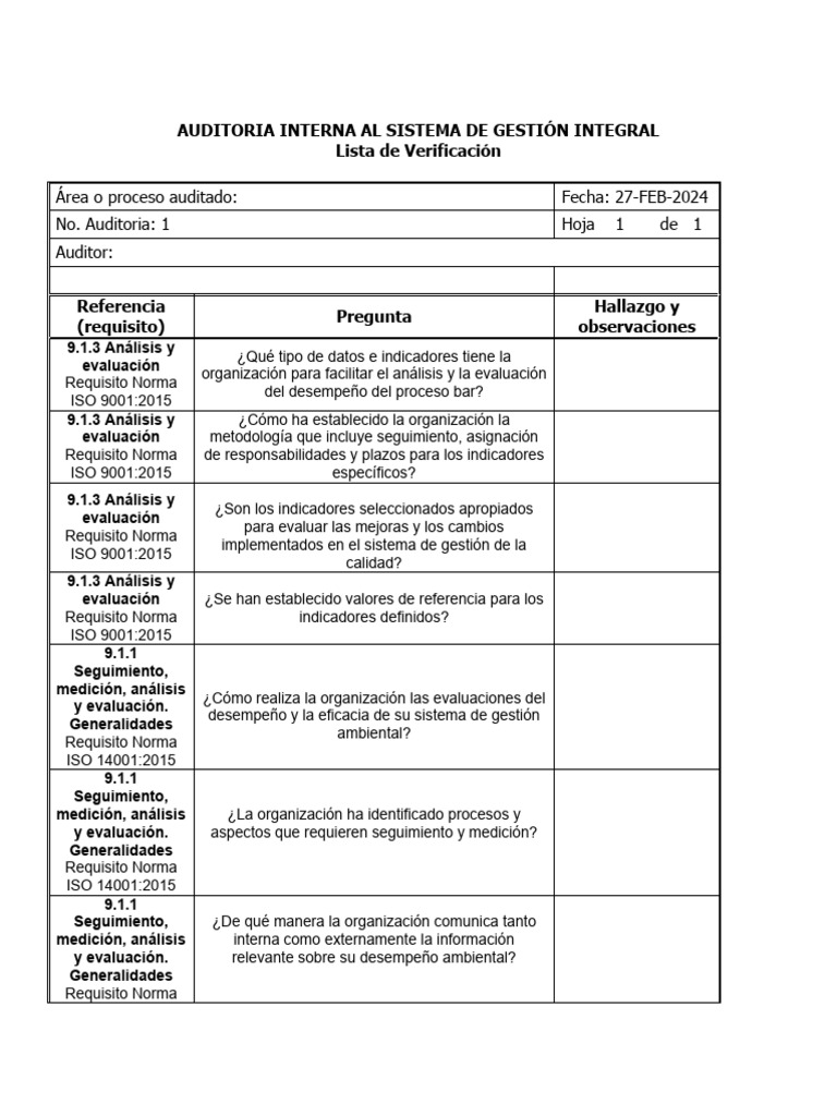 Ejempo de Lista de Verificacion Iso Integral | PDF | Auditoría | Evaluación