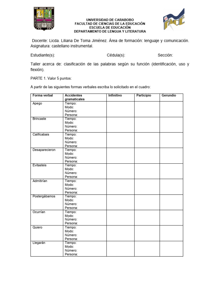 Taller Palabras Según Su Función | PDF | Verbo | Sustantivo