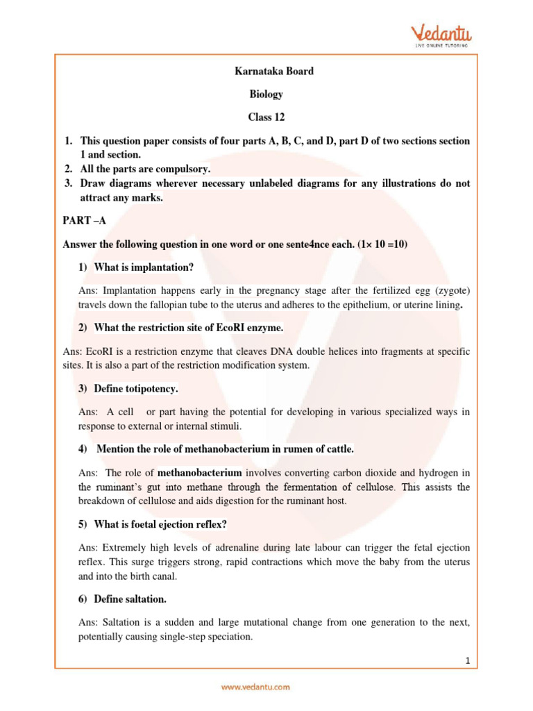 Karnataka PUC Board (KSEEB) Biology Class 12 Question Paper 2018 | PDF ...