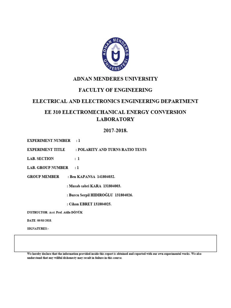 Experiment 1 | PDF | Transformer | Electric Current