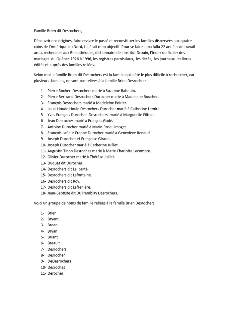 Famille Brien Dit Desrochers | PDF