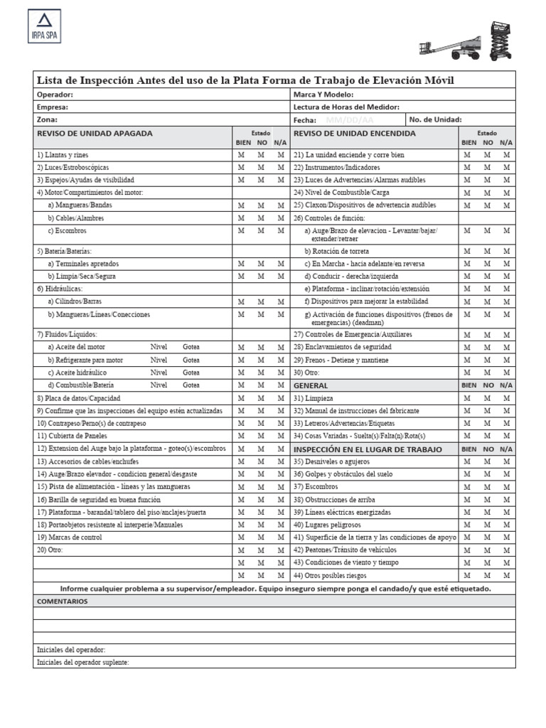 Check List Plataforma Elevadora | PDF | Industria automotriz ...