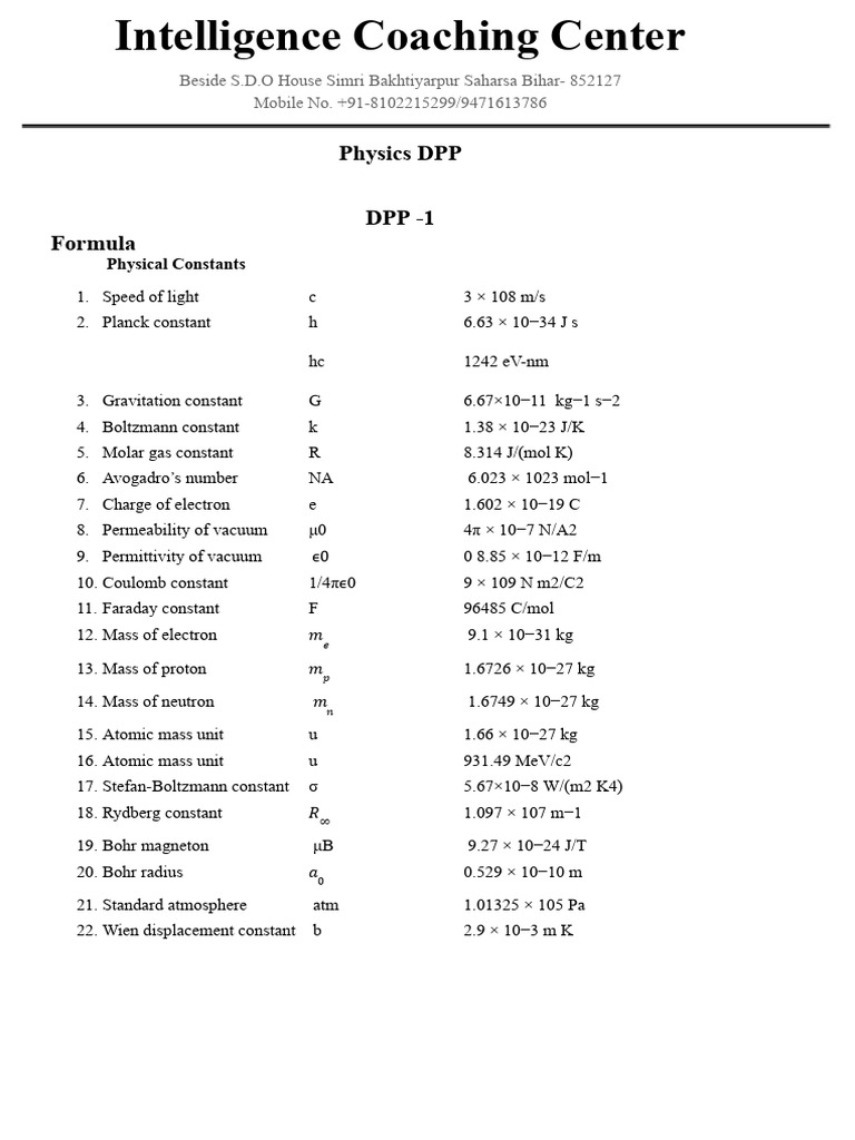 Physic DPP-1 | PDF | Mole (Unit) | Electron
