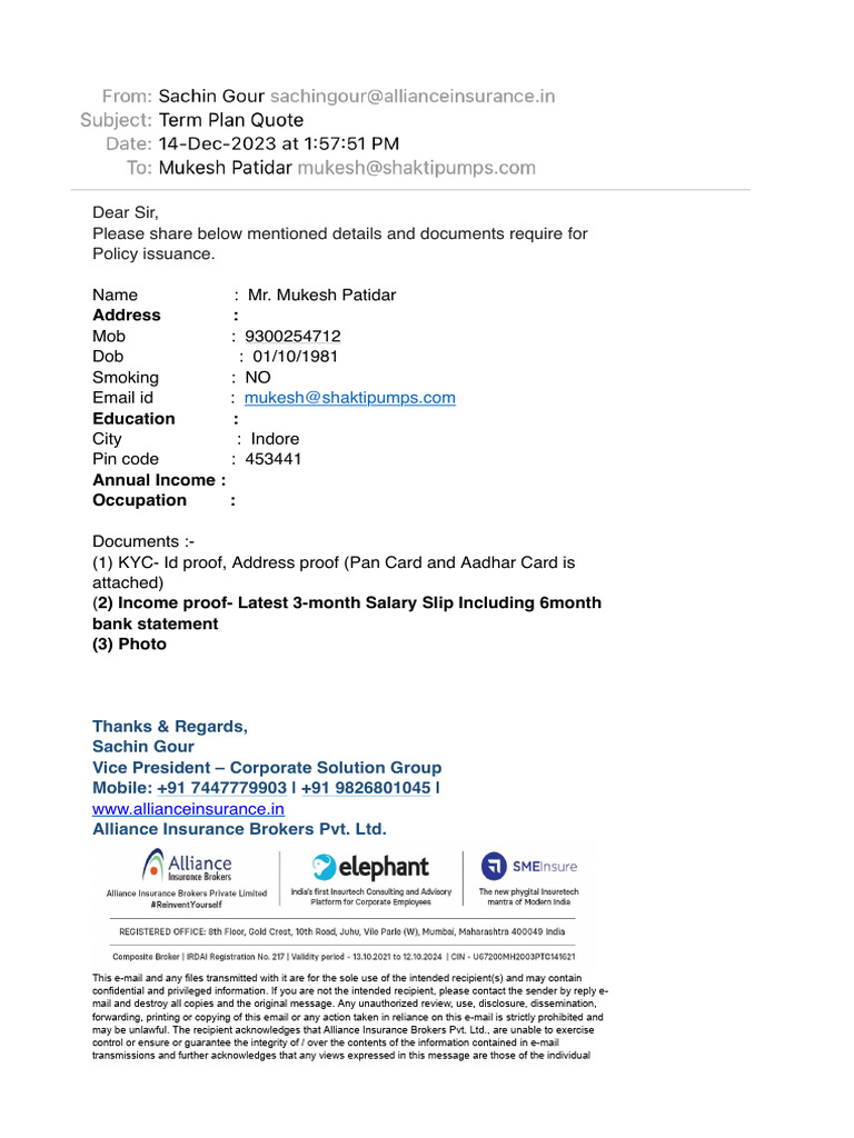 Term Plan Quote for Mr. Mukesh Patidar | PDF
