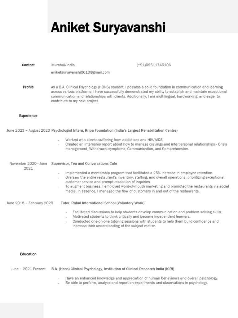 Aniket Suryavanshi Resume | PDF | Psychology | Mental Health