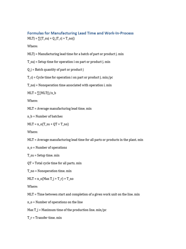 Manufacturing Lead Time and WIP Formulas | PDF