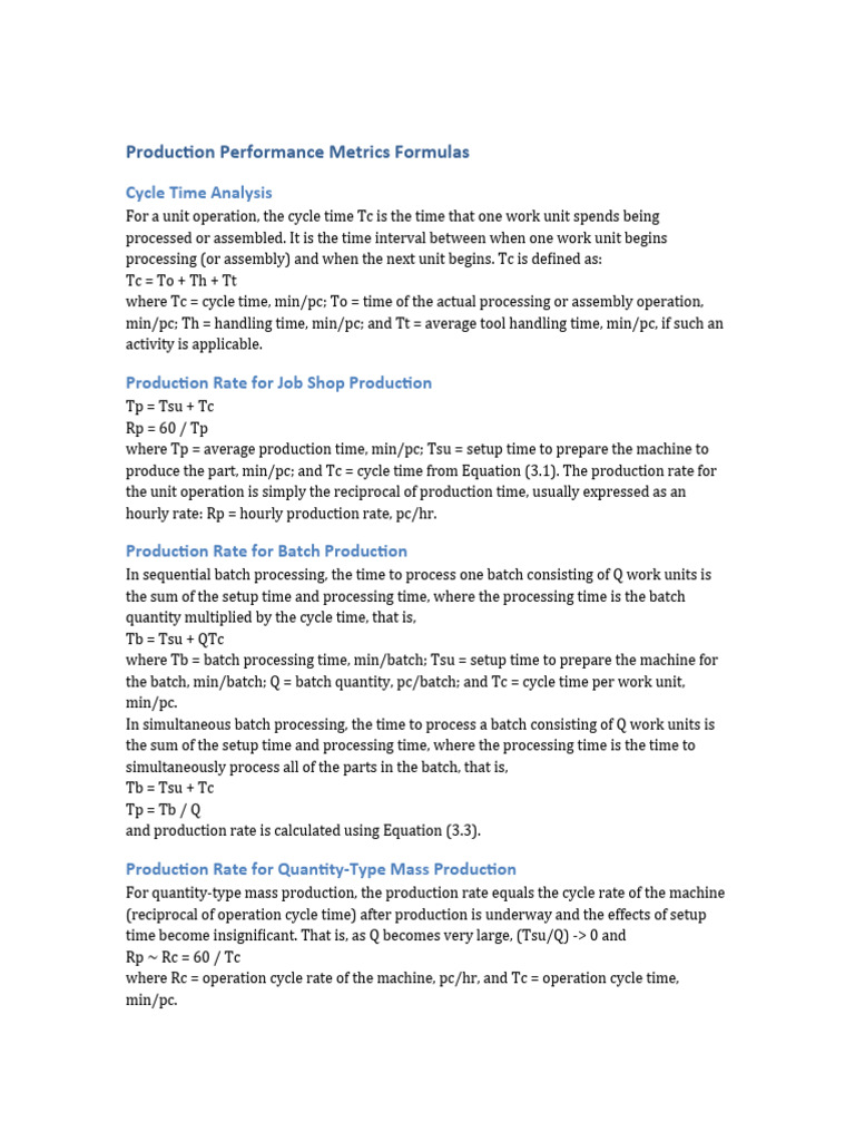 Production Performance Metrics Formulas | PDF | Physics | Mathematics