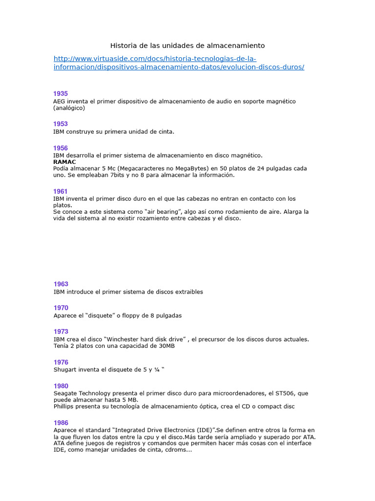 Historia de Las Unidades de Almacenamiento | PDF | Disco duro | Disco flexible