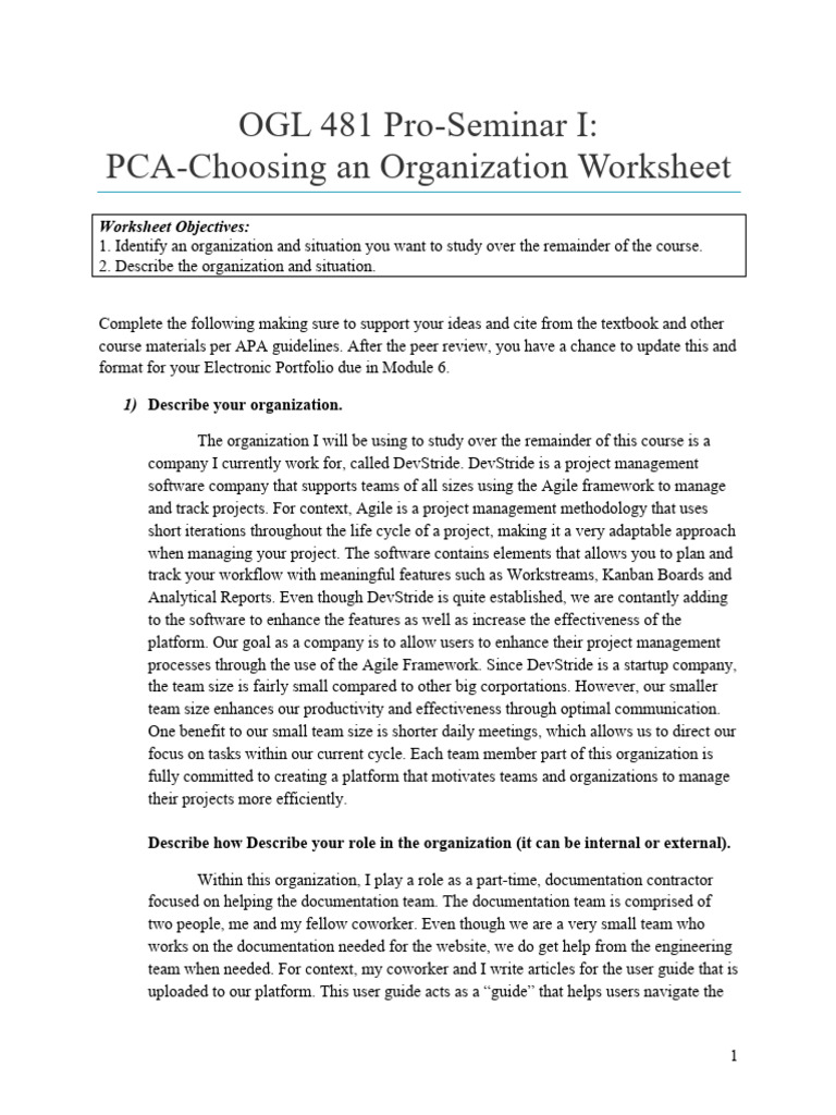 Ogl 481 Pro Seminar I Pca Choosing An Organization Worksheet