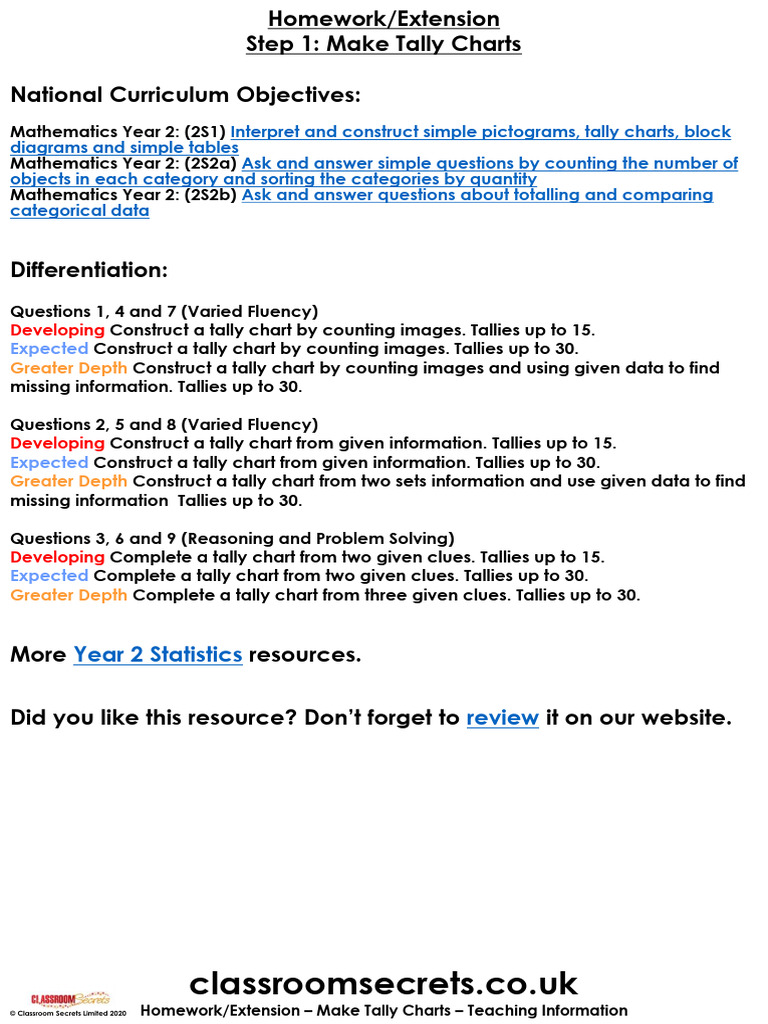 Year 2 Tally Chart Homework Guide | PDF