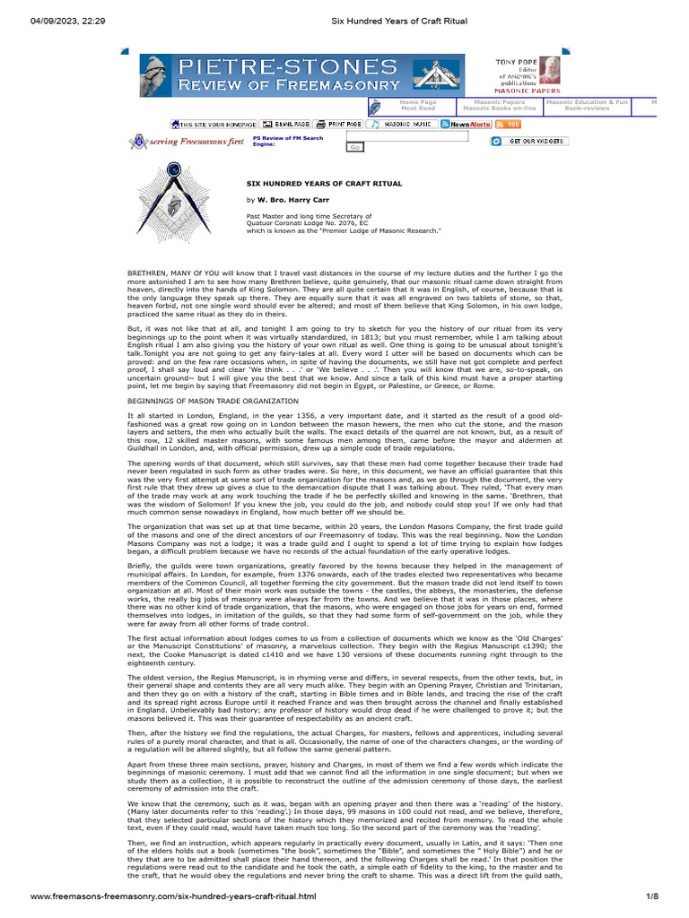 Six Hundred Years of Craft Ritual | PDF | Freemasonry | Masonic Lodge