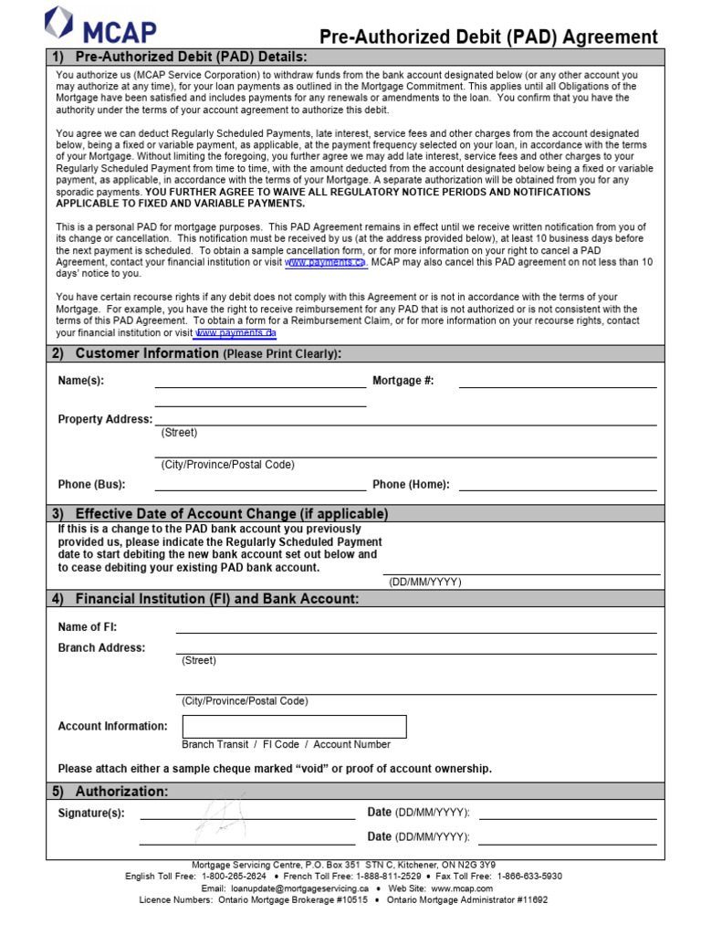 MCAP Pre-Authorized Debit (PAD) Agreement en | PDF