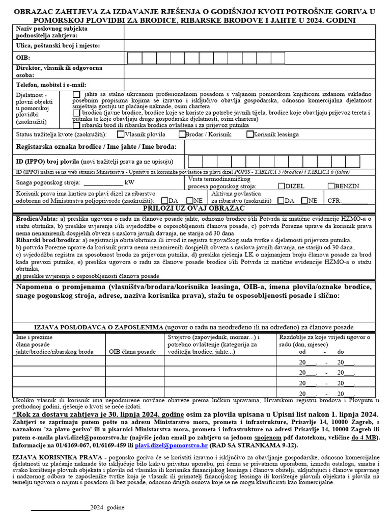OBRAZAC ZAHTJEVA 2024 Brodice Ribarski Jahte 12-1-24 | PDF