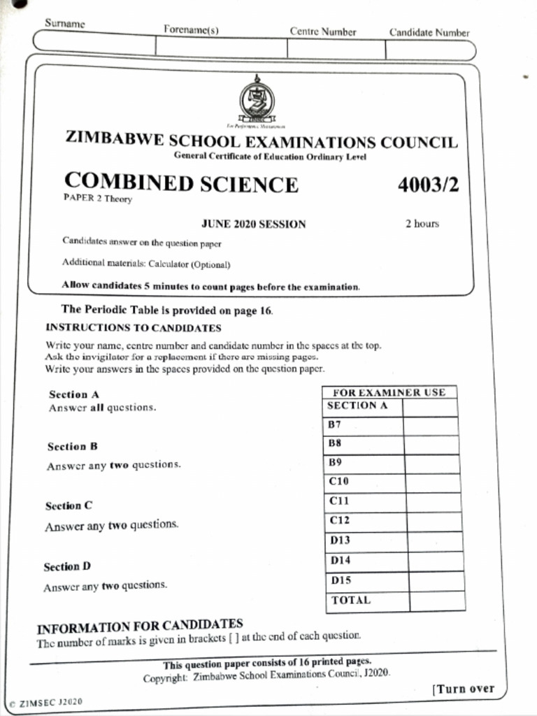 Combined Science Paper 2 June 2020 | PDF