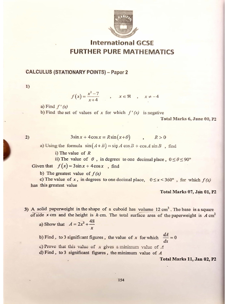 Calculas Stationary Points Paper 2 | PDF