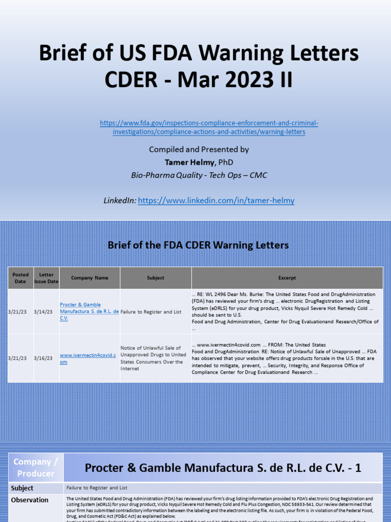 Brief of FDA CDER Warning Letters in March 2023 II 1680462600 | PDF