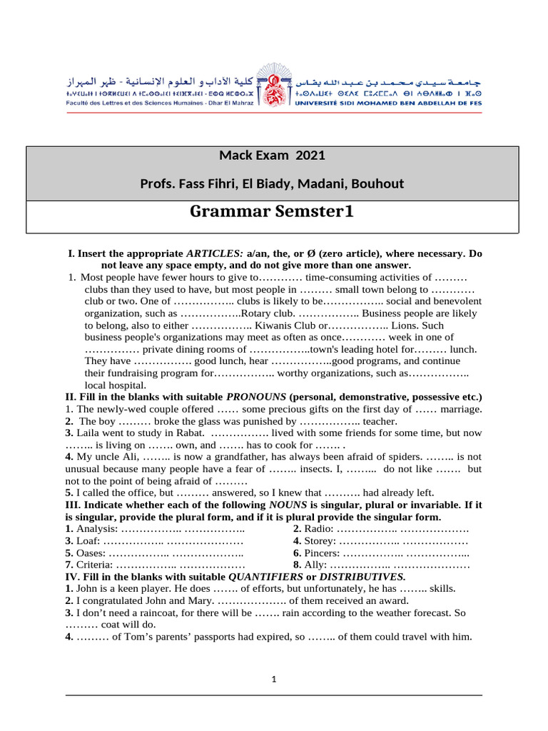 Mock Exam 1 Grammar | PDF | Verb | Linguistics