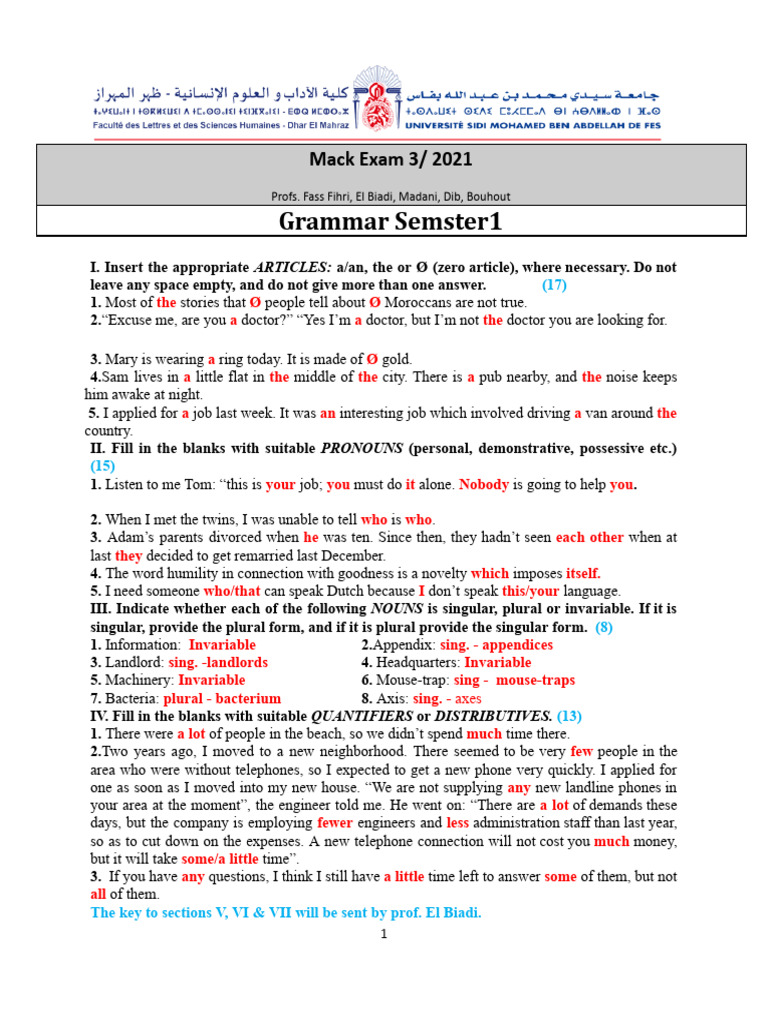Mock Exam 3 Grammar - Answer Key | PDF | Grammatical Number | Plural