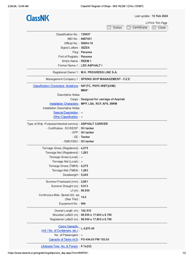 ClassNK Register of Ships - M - S REEM 1 (CNo | PDF