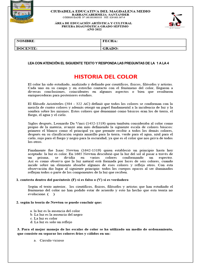 Prueba Diagnóstica Artes Séptimo Grado | PDF | Color | Ligero Prueba Diagnóstica Artes Séptimo Grado | PDF | Color | Ligero
