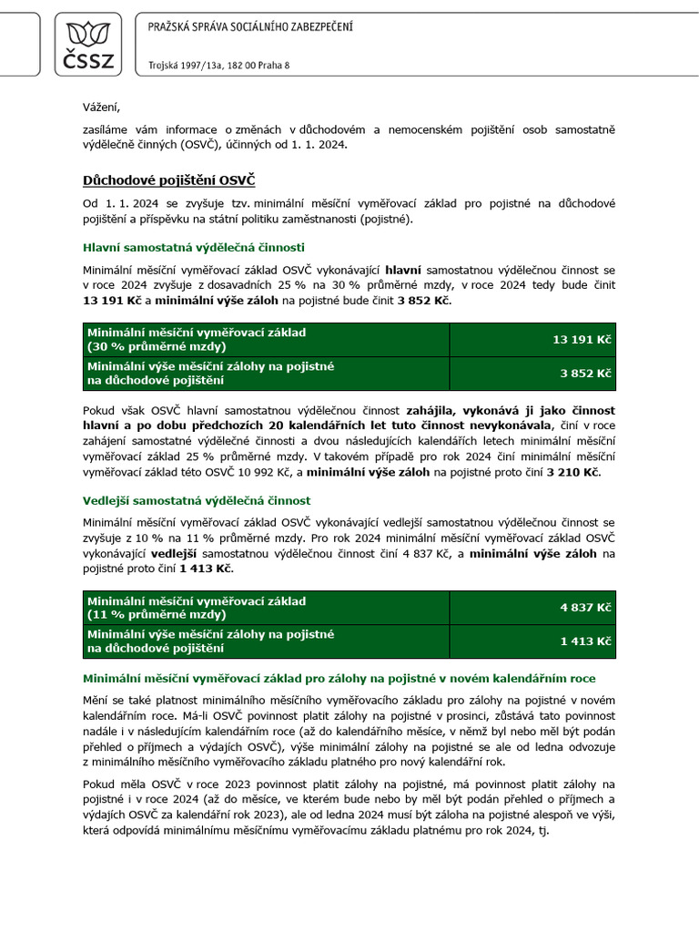 Změny Pojištění OSVC 2024 | PDF