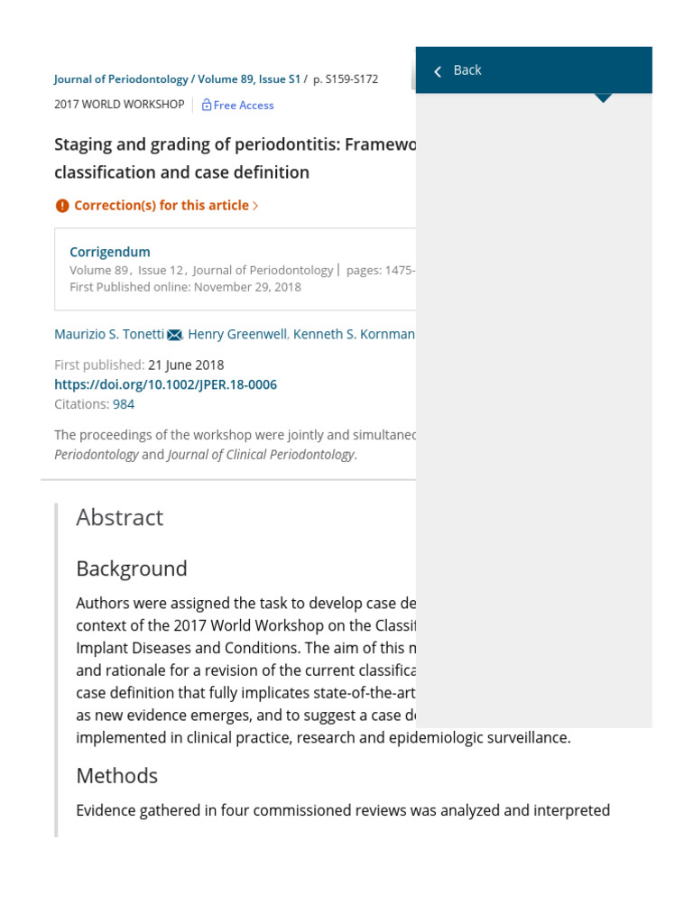Background: Staging and Grading of Periodontitis: Framework and Proposal of A New Classi!cation ...