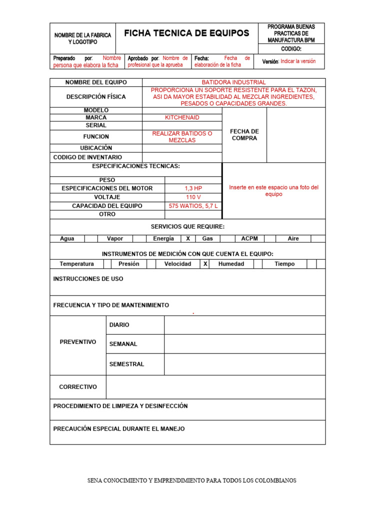 Batidora. Ficha Tecnica de Equipos | Descargar gratis PDF | Ingeniería mecánica | Física ...