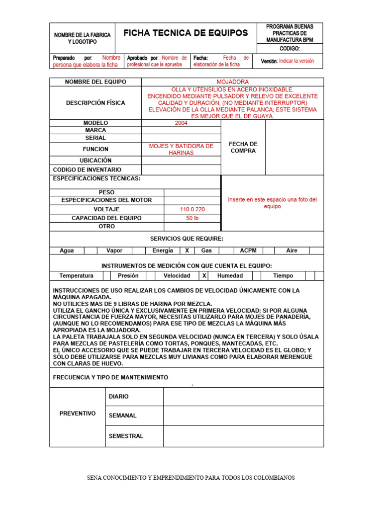 Mojadora. Ficha Tecnica de Equipos | Descargar gratis PDF | Física Aplicada e Interdisciplinaria ...