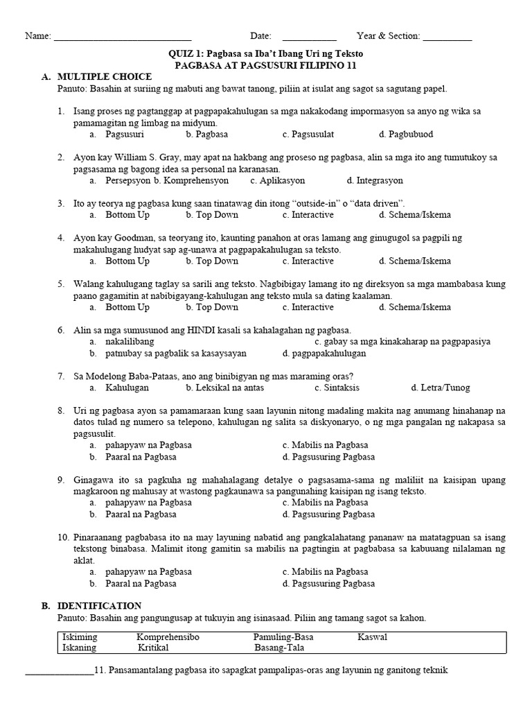 QUIZ #1 - Pagbasa at Pagsusuri | PDF