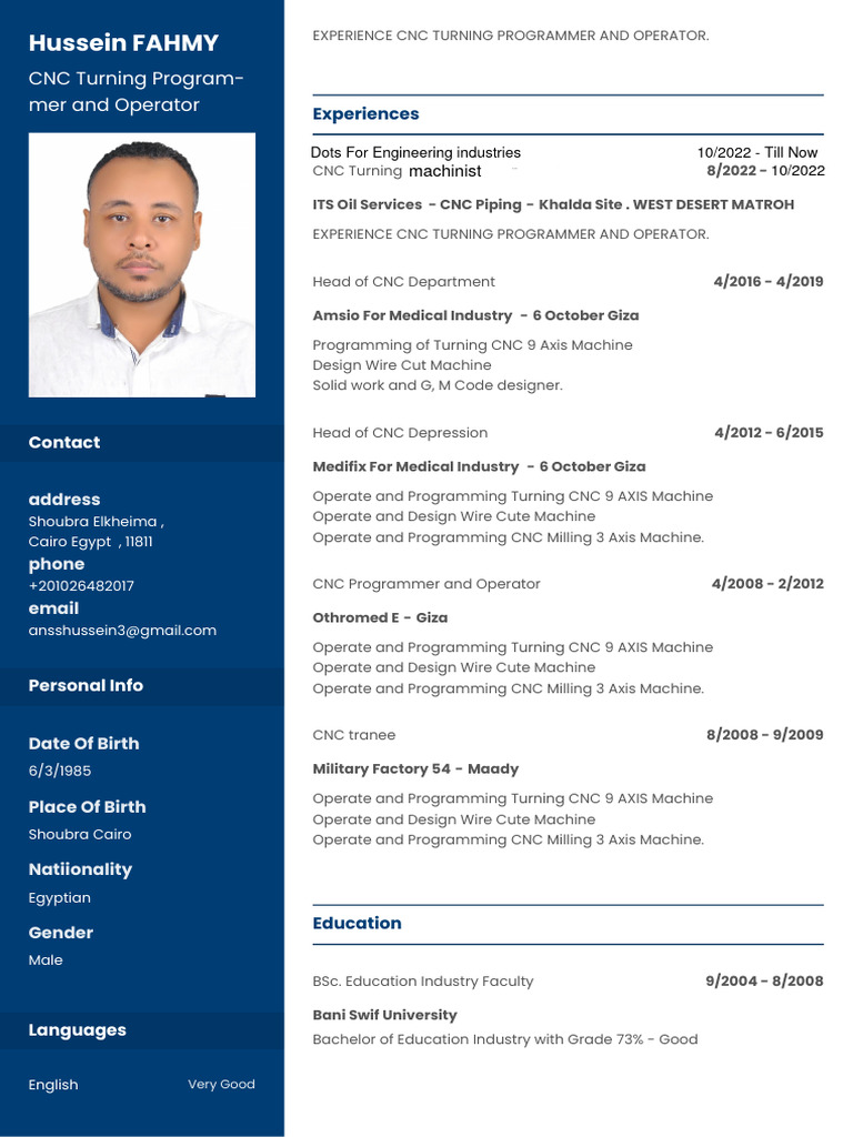 Hussein FAHMY: CNC Turning Program-Mer and Operator | PDF | Numerical ...