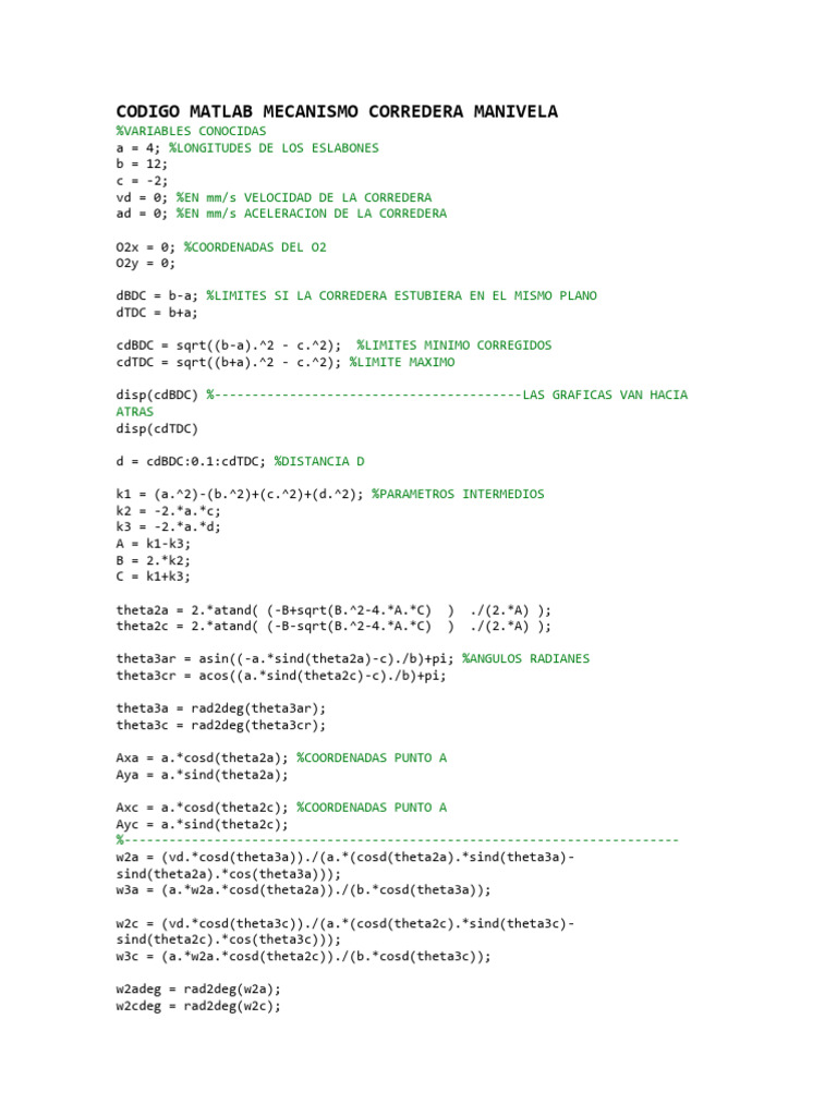 Codigo Matlab Mecanismo Corredera Manivela | PDF