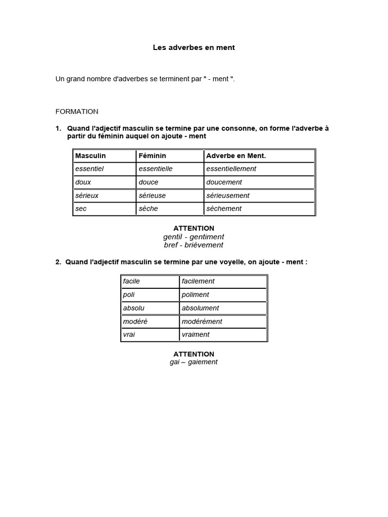 Formation des adverbes en -ment | PDF | Adverbe | Linguistique