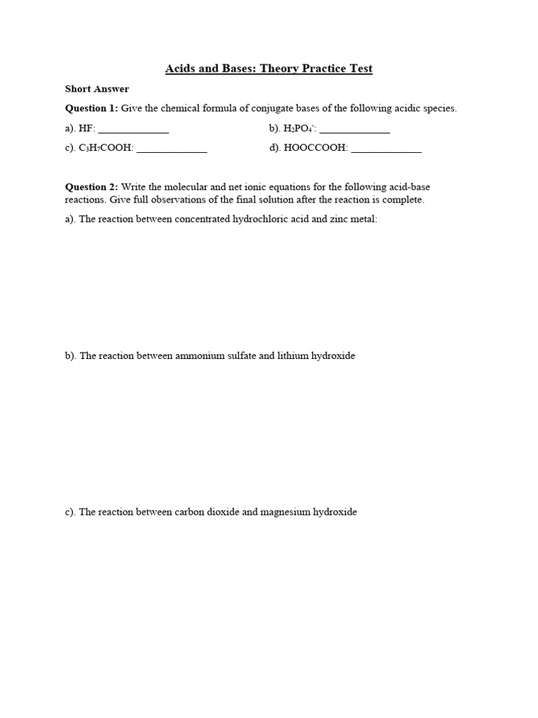 Acids and Bases Theory Practice Test | PDF