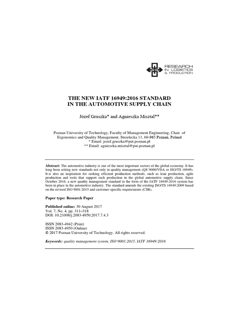 The New IATF 169492016 Standard in The Automotive Supply Chain | PDF ...