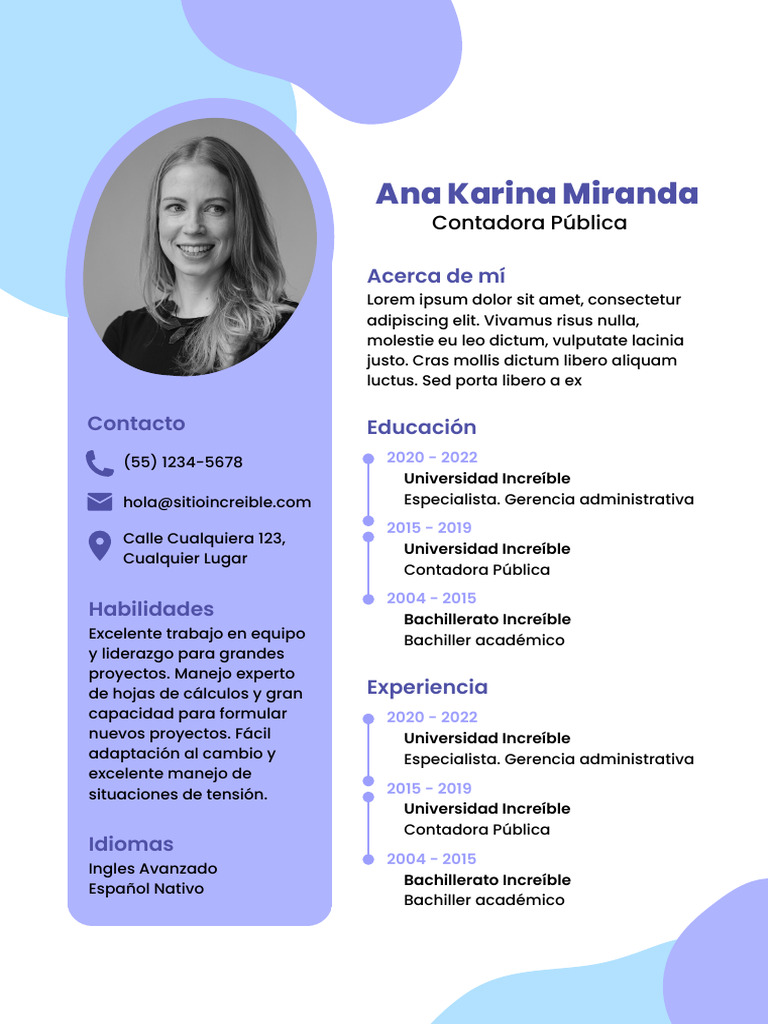 Curriculum Vitae CV Hoja de Vida Profesional Con Foto en Color Purpura ...