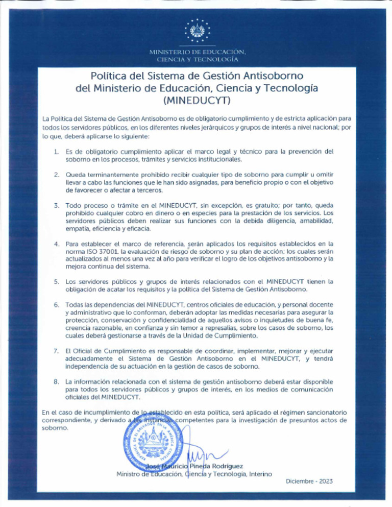 Política Del Sistema de Gestión Antisoborno - MINEDUCYT | PDF