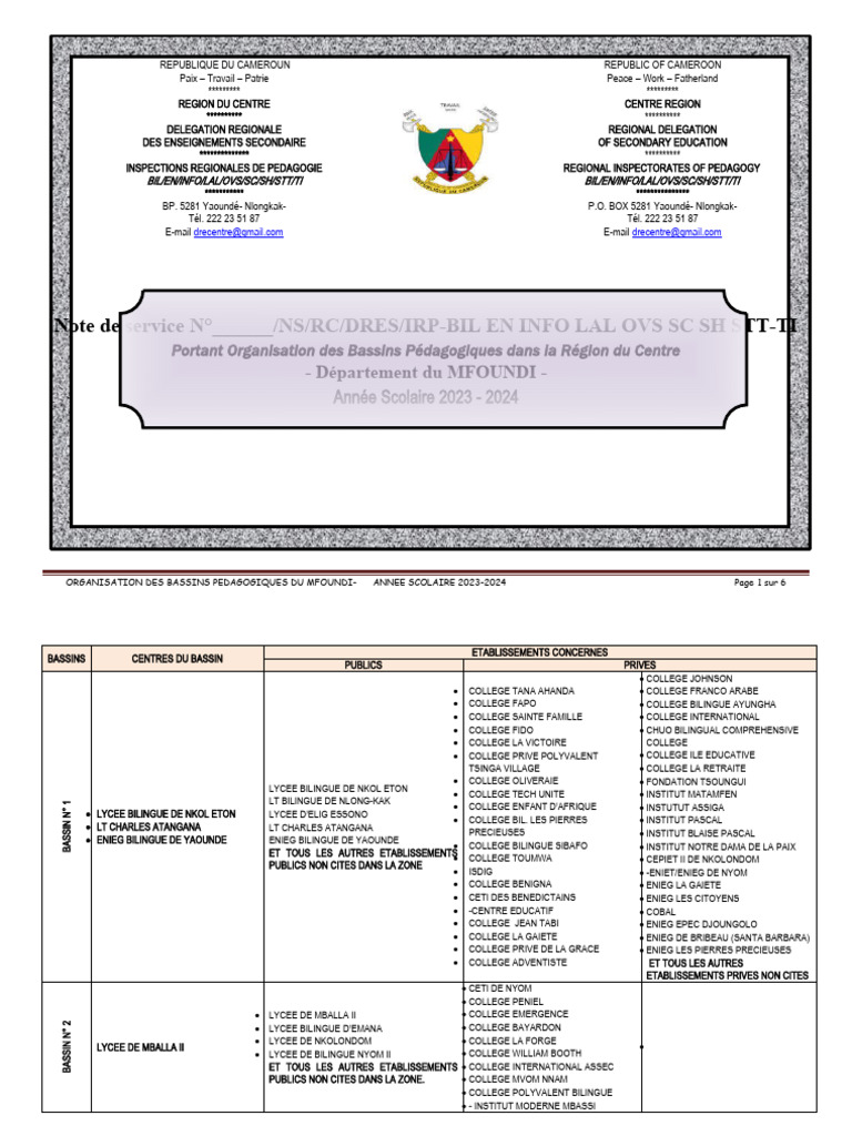 Bassins Pédagogiques Du Mfoundi, Année Scolaire 2023 - 2024 | PDF