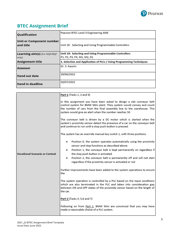 BTEC - PLC Assignment 1 - Unit 19 - 2021 - 22 - BTEC - Assignment ... BTEC - PLC Assignment 1 - Unit 19 - 2021 - 22 - BTEC - Assignment ...